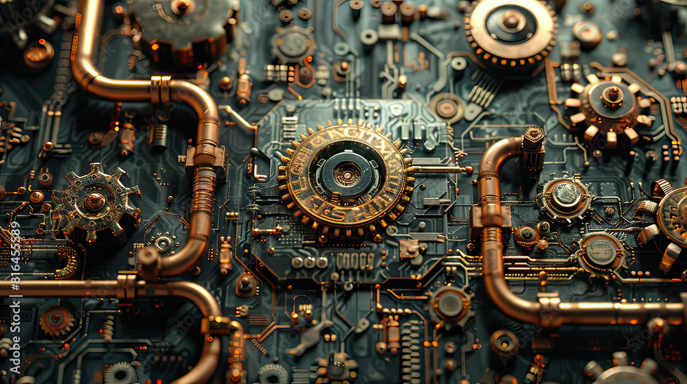 Steampunk CPU with gears and copper wires, detailed in a rust and gold ...