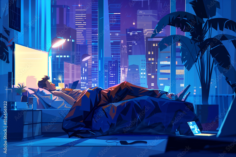 Animation cartoon young man sleeping in bed at apartment window city ...
