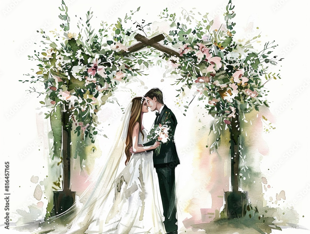 Reflective watercolor of a Christian wedding at an altar loving couple ...