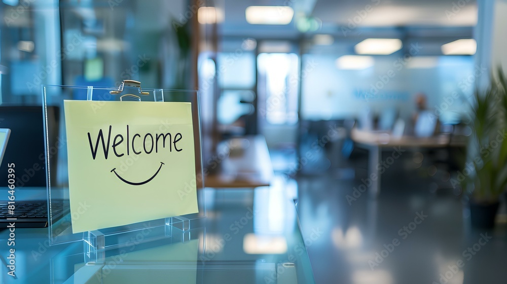 In a modern corporate office, a sleek glass desk showcases a ...
