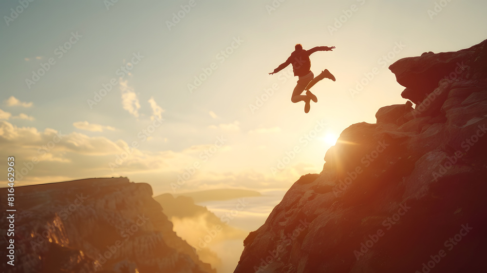 Foto de Man jumping on cliff 2024 over the precipice with stones at ...