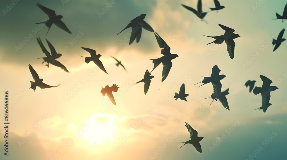 Flock of swallows Silhouettes crowd flying birds away sky free black ...