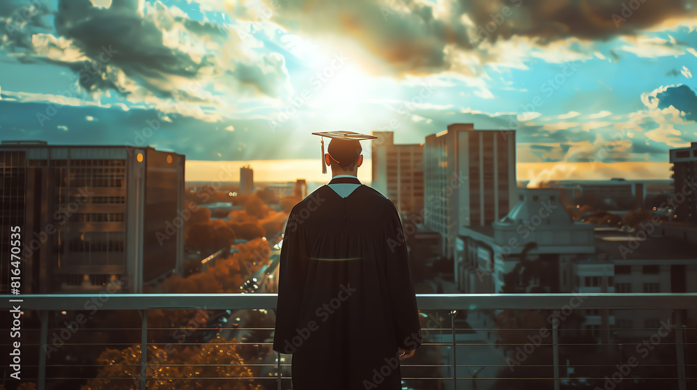 Portray a graduate in a reflective moment, looking out over the campus ...