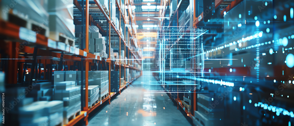Visualize a hightech warehouse using robotic automation to manage ...
