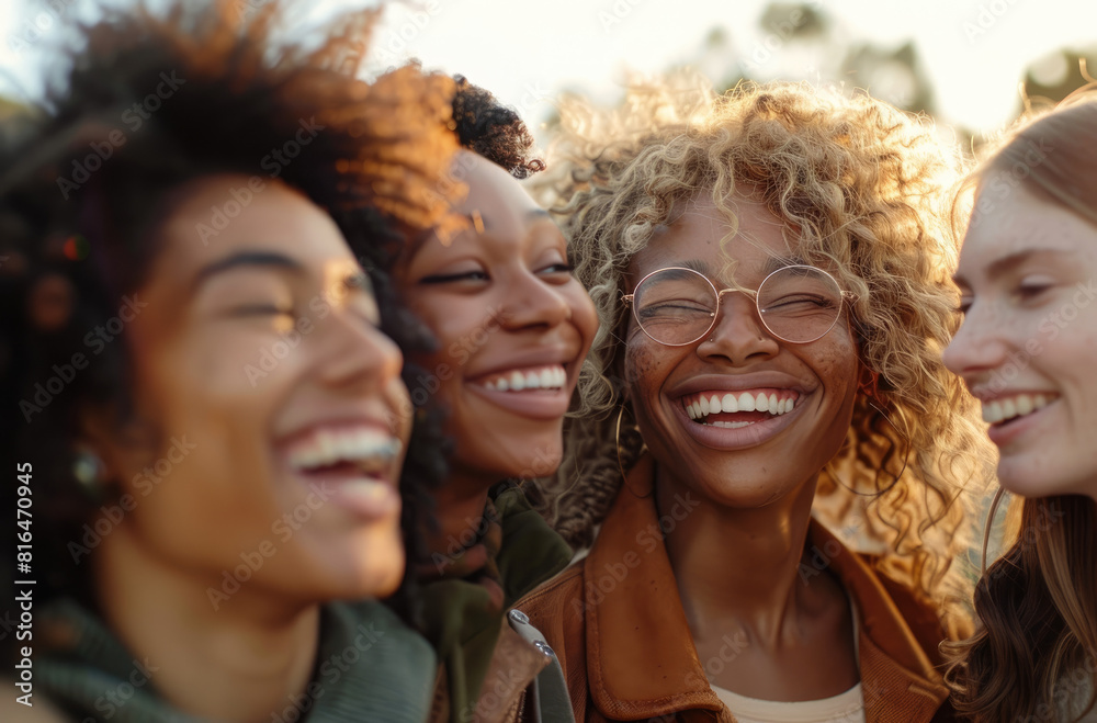 Foto de A group of friends laughing and smiling together outdoors ...