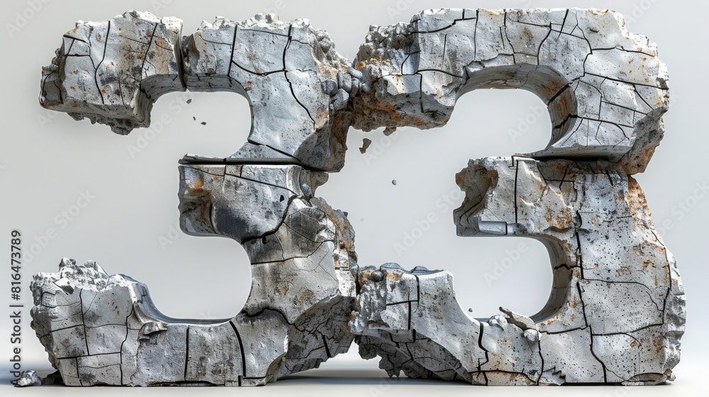 Ancient Relic Number3， 33. Cracked, Weathered 3D Concrete Digit ...