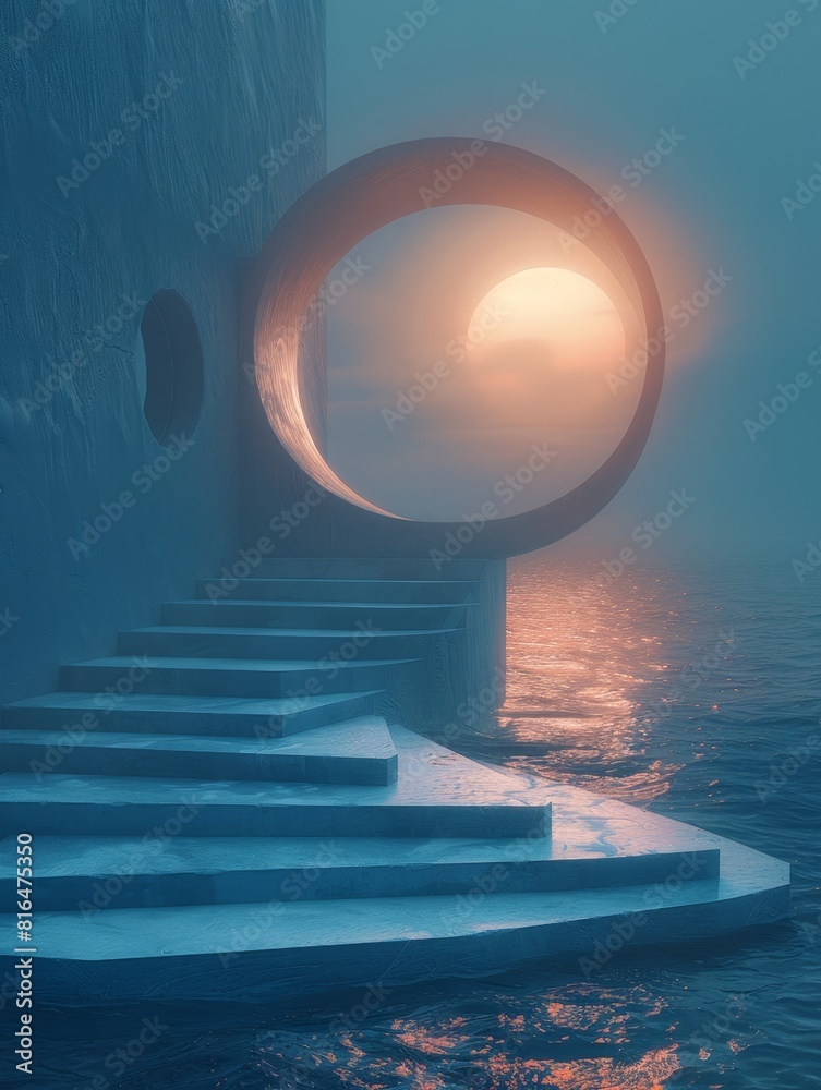 Minimalist Blue Stage Design with Single Central Platform Surrounded by ...