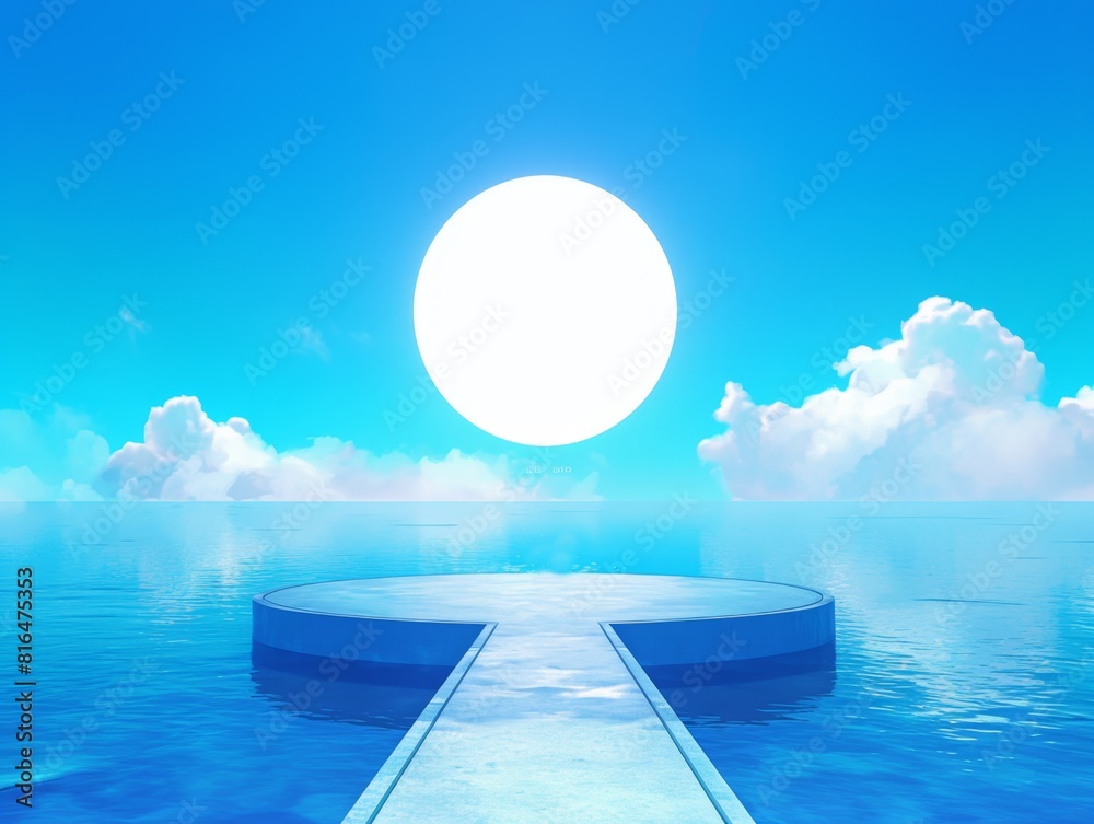 Minimalist Blue Stage Design with Single Central Platform Surrounded by ...