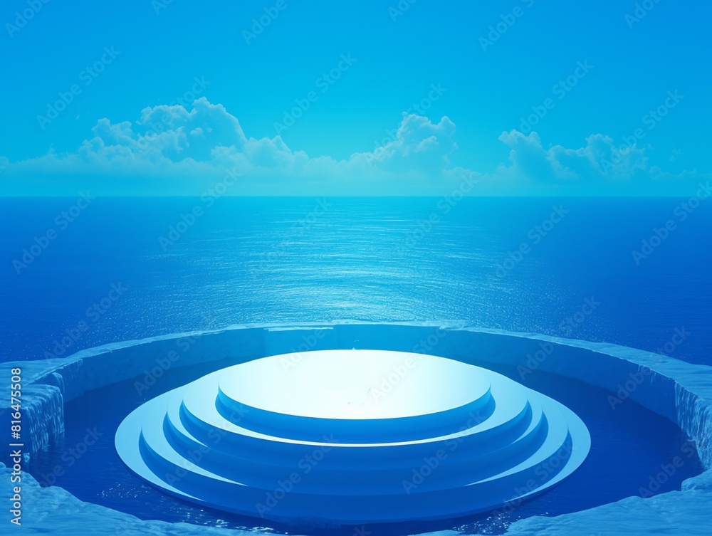 Minimalist Blue Stage Design with Single Central Platform Surrounded by ...