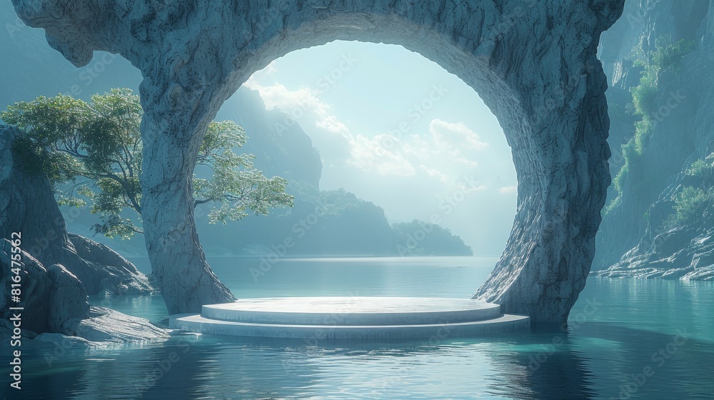 Minimalist Blue Stage Design with Single Central Platform Surrounded by ...