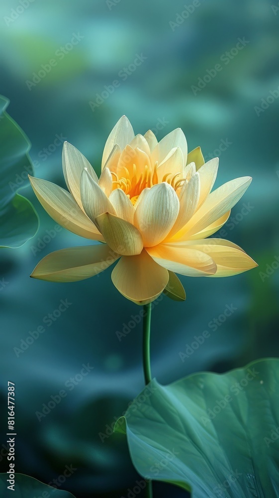 Radiant yellow lotus amidst a sea of green, captured up close in a ...
