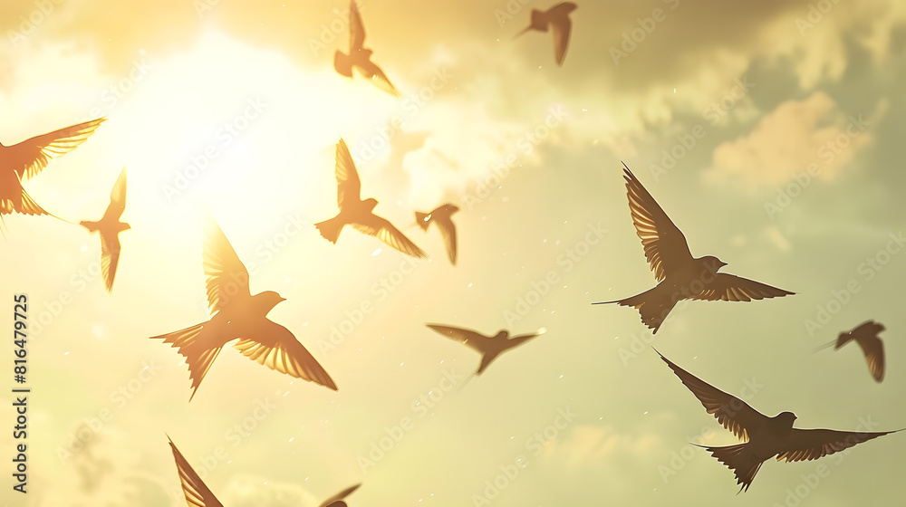 Poster Flock of swallows Silhouettes crowd flying birds away sky free ...
