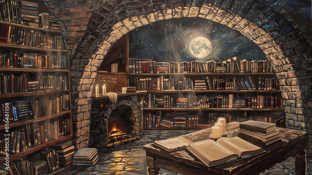 Artistic pastel drawing of a library room with arched brick walls made ...