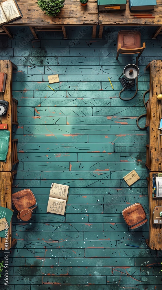 Classroom flat design top view education theme cartoon drawing vivid ...