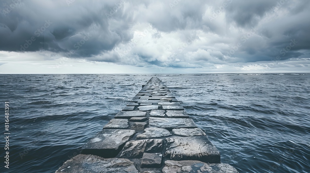 Artistic street art image of an infinite jetty made of rough stones ...