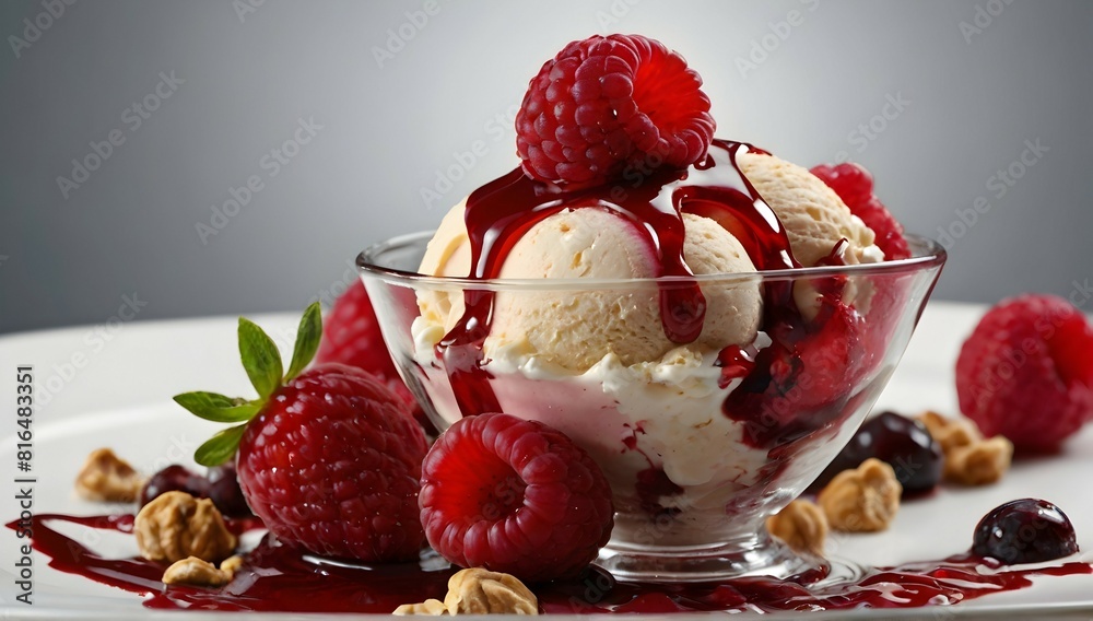 Red fruit ice cream sundae. With spectacular touches of hazelnut pieces ...