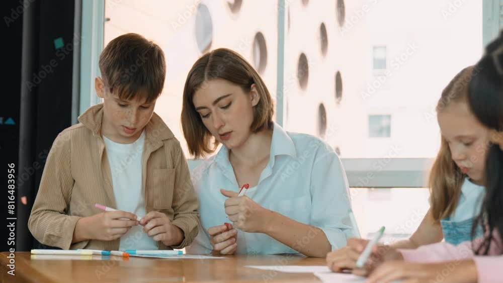 Panorama shot of happy diverse student and smart teacher drawing and ...