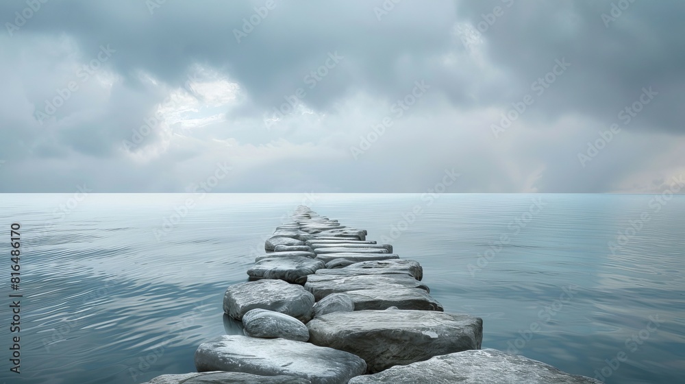 Artistic street art image of an infinite jetty made of rough stones ...