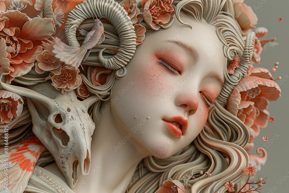 Ram Skull Goddess: 3D Close-up Profile with Crow Kitsune Mask, Kimono ...