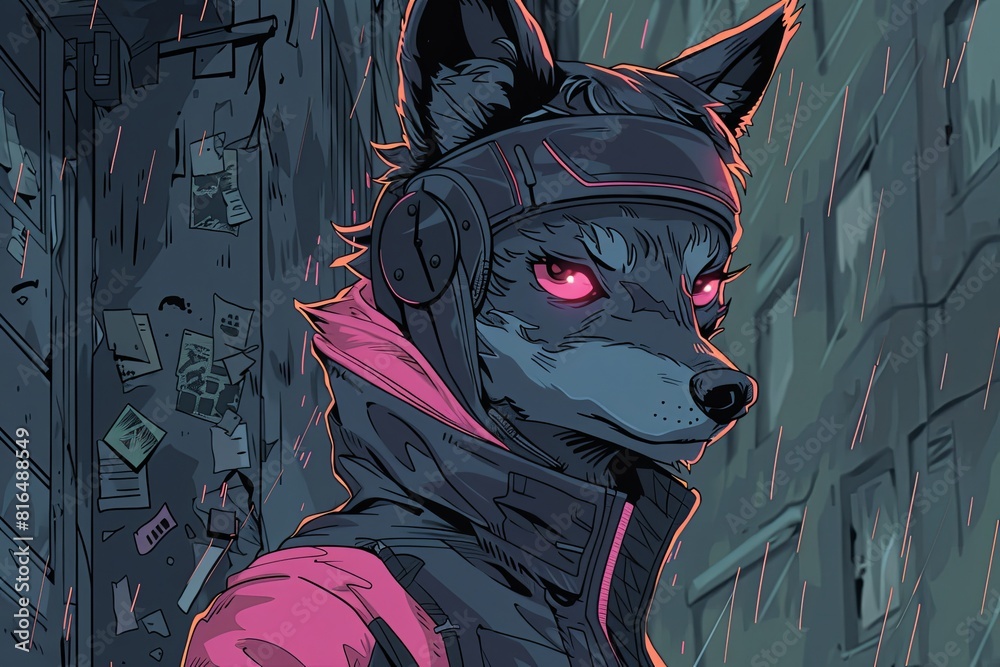 Neon Shadow: Cyber Wolf in Pink and Black Amid Rainy City in Detailed ...