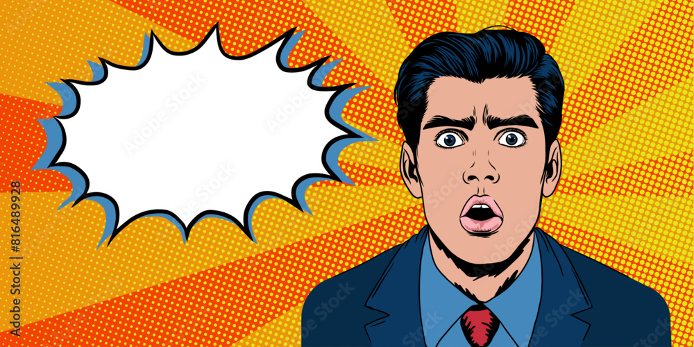 Pop art man with wow face. Hyper expressive reaction man face with big ...