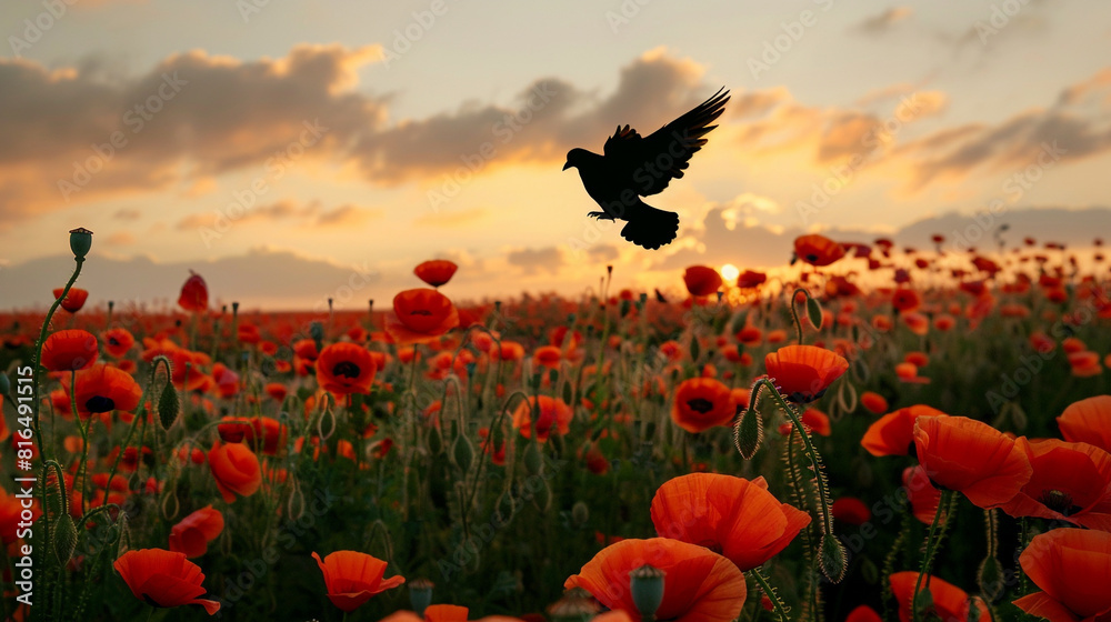 Hope-filled Memorial Day panorama of a poppy field with a peace dove ...