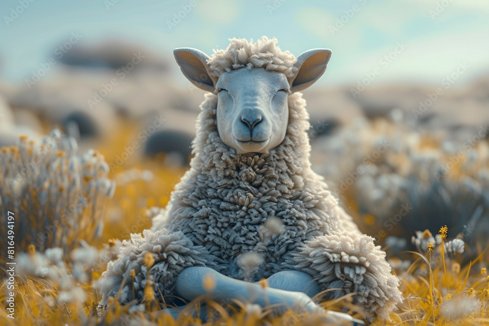 Sheep doing yoga poses in a field, front view, fleece in peace ...