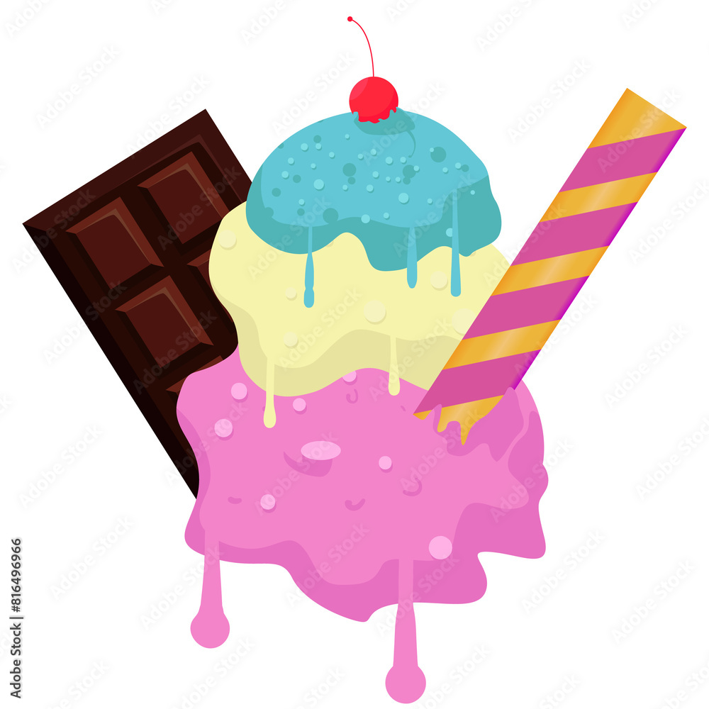 ice cream three sweet flavor with cherry on the top wafer stick cream ...