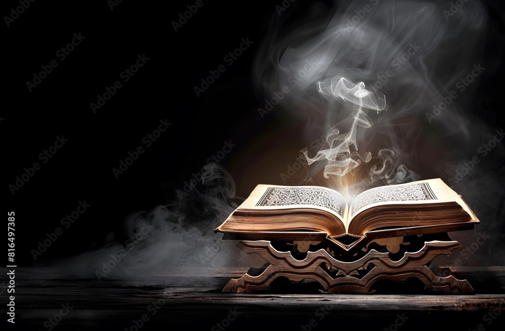 Holy Quran on wooden book stand, glowing with light from above and ...