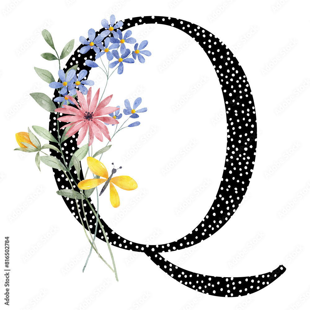 Letter Q, floral monogram with watercolor wild flowers and leaf ...