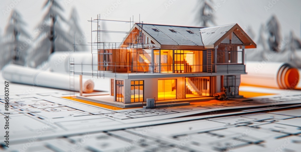 architectural drawing of house with blueprints and construction site ...