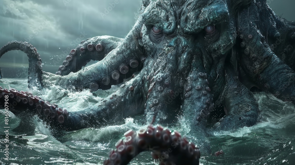 Cthulhu rising from the ocean. Mythical sea monster rising from the ...