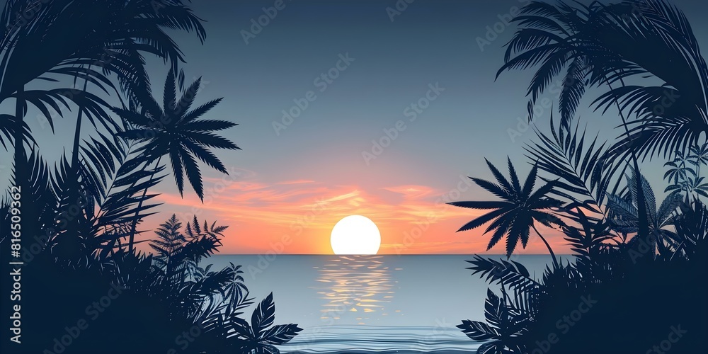 Illustrated logo of palm trees and marijuana leaves over ocean at ...