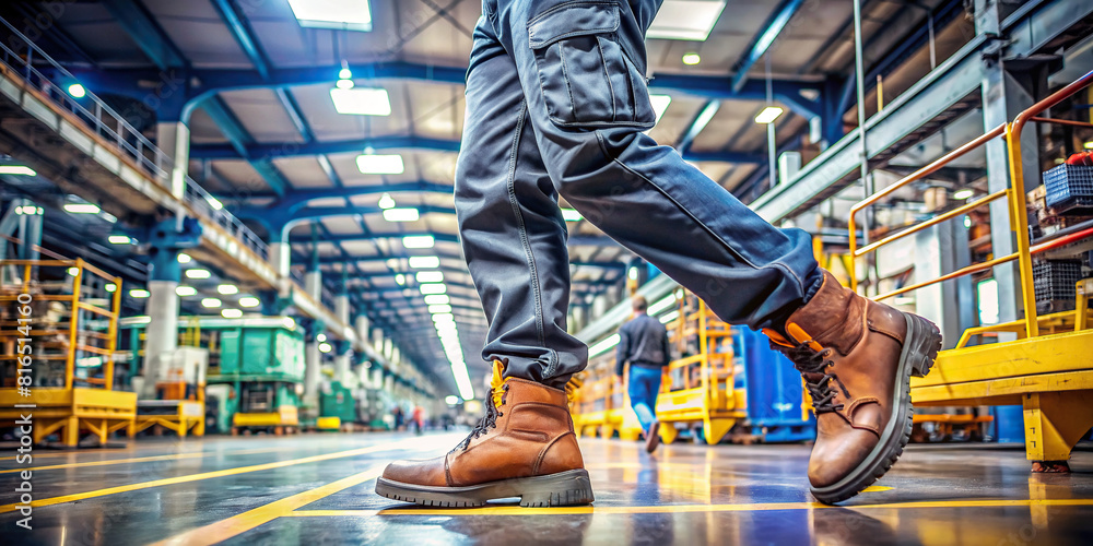 A detailed view of a worker's feet clad in safety shoes, navigating ...