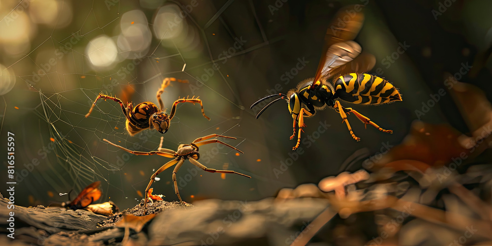 Dramatic close-up of a hornet attacking a spider in its web, set ...