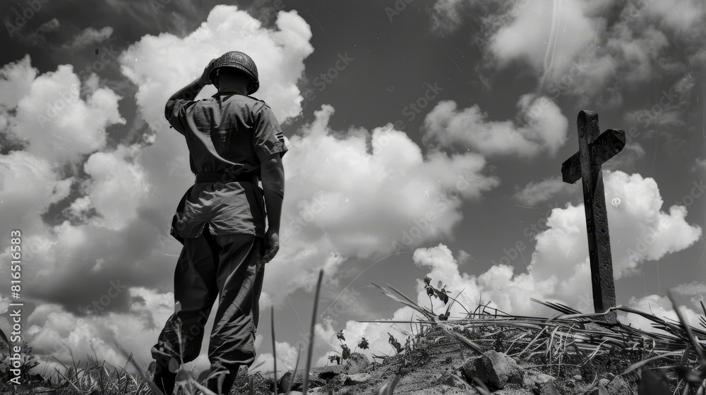 Memorial Day : A black and white photo of a soldier saluting the grave ...
