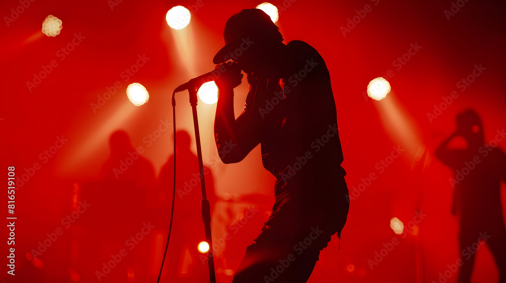 Silhouette of rap band performing on concert stage in bright red lights ...
