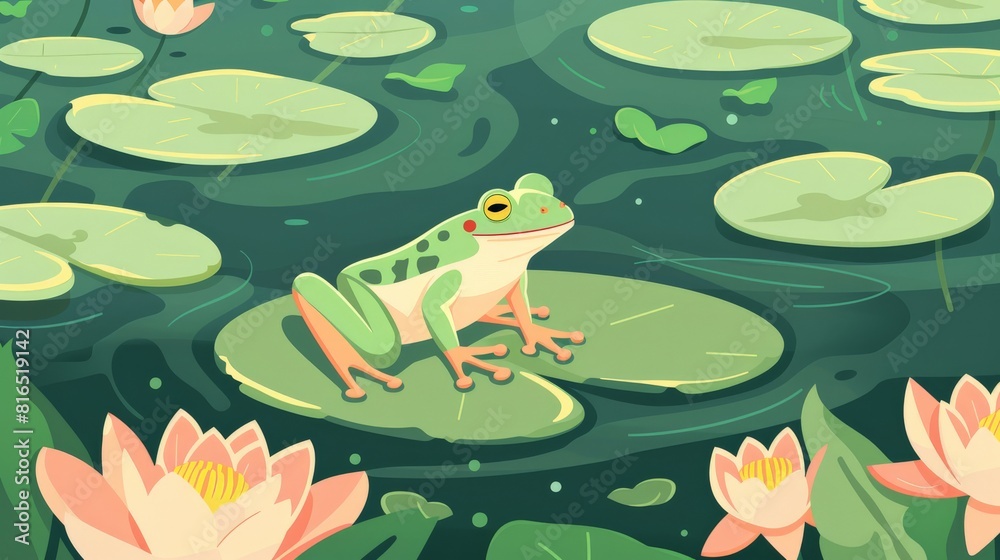 Visual of a frog on a lily pad flat design side view pond ecosystem ...