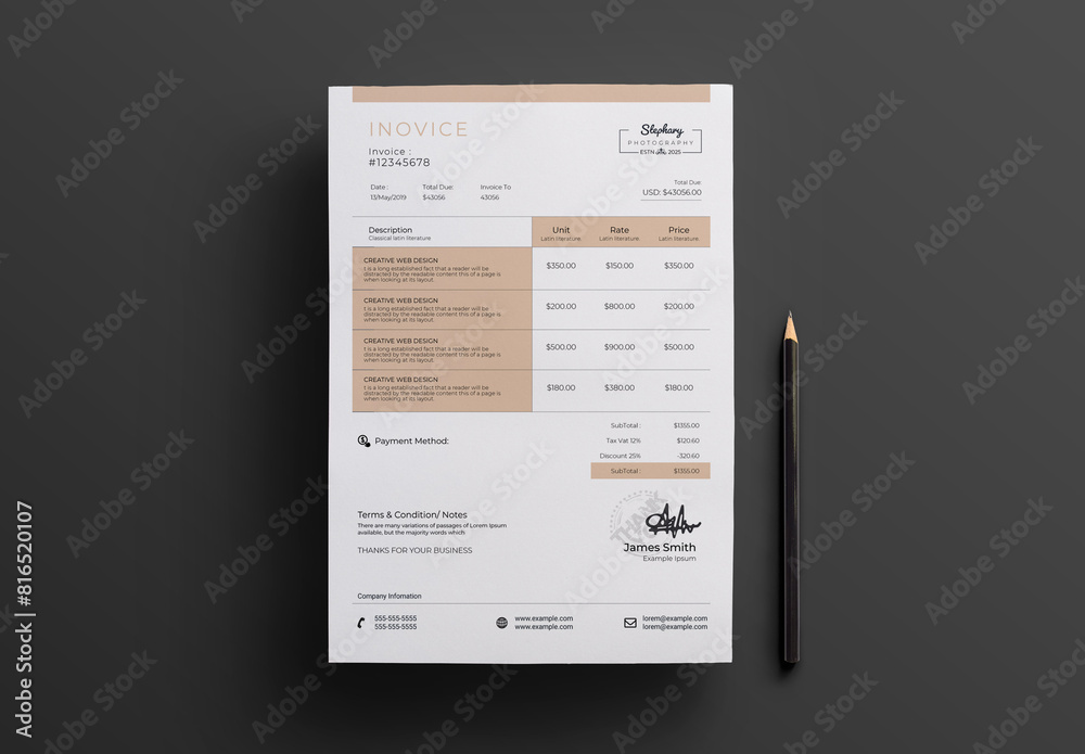 Creative Minimal Photography Invoice Stock Template | Adobe Stock
