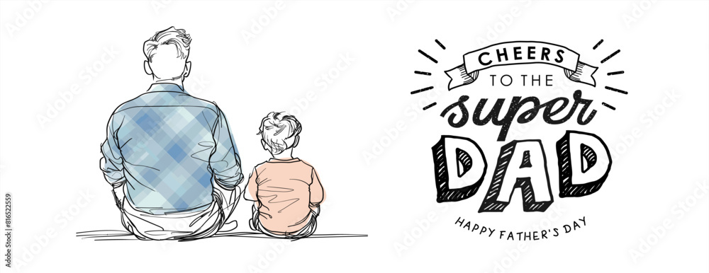 Happy Father's Day. Father and son sitting together, back view, line ...