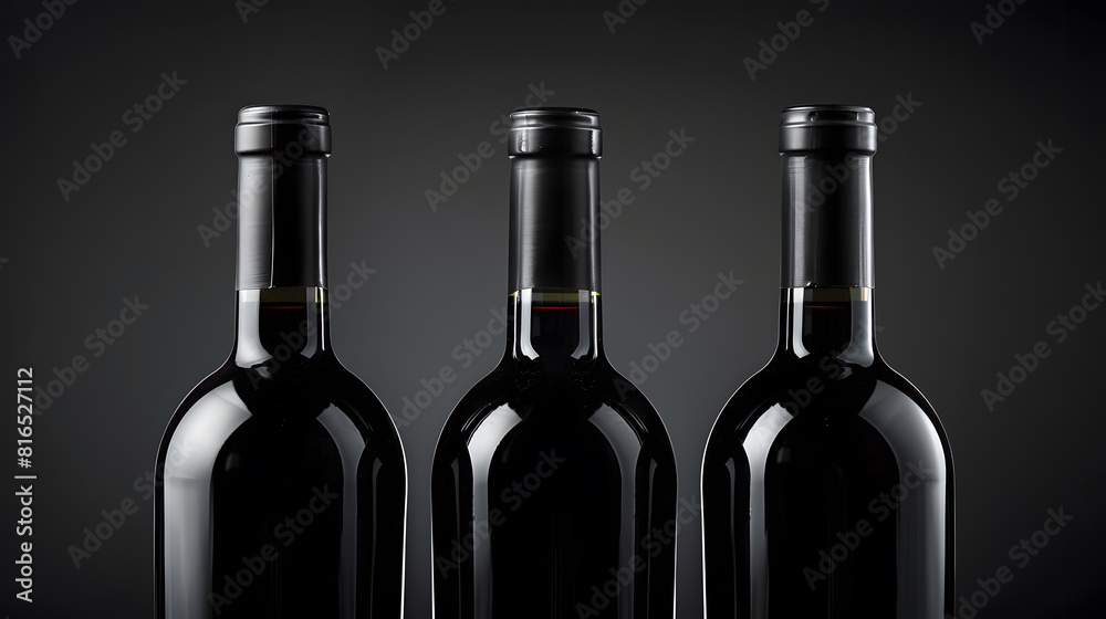 Three bottles of red wine dark glass bottle without label mock up black ...