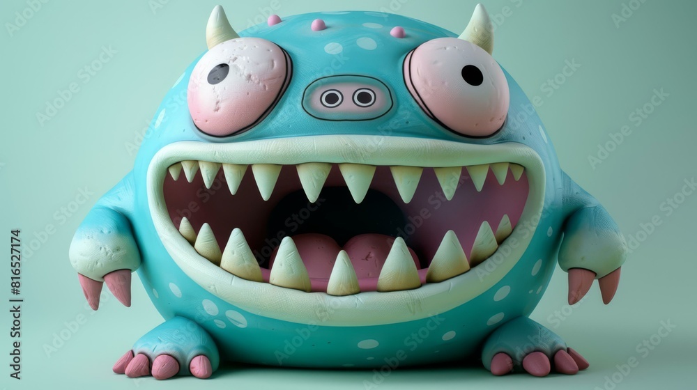 3D illustration of a cute blue fuzzy monster with big teeth. AI. Stock ...