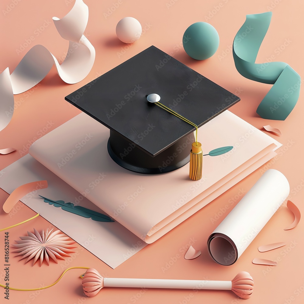 Black graduation cap on the pastel pink background with diploma and ...