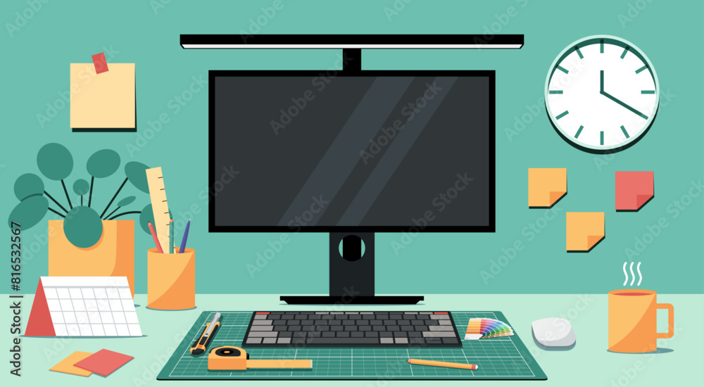 Modern Workspace with Computer Monitor Blank Screen, Cutting Mat, and ...