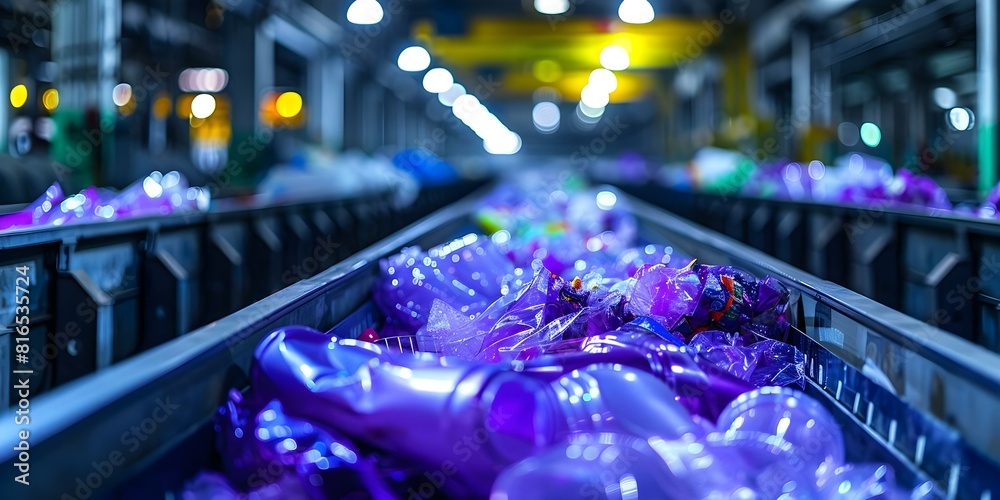 Conveyor assembly line sorting plastic paper waste for recycling and packaging. Concept ...