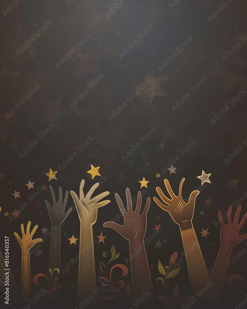 Vector illustration of multiple colorful hands reaching upwards to grab ...