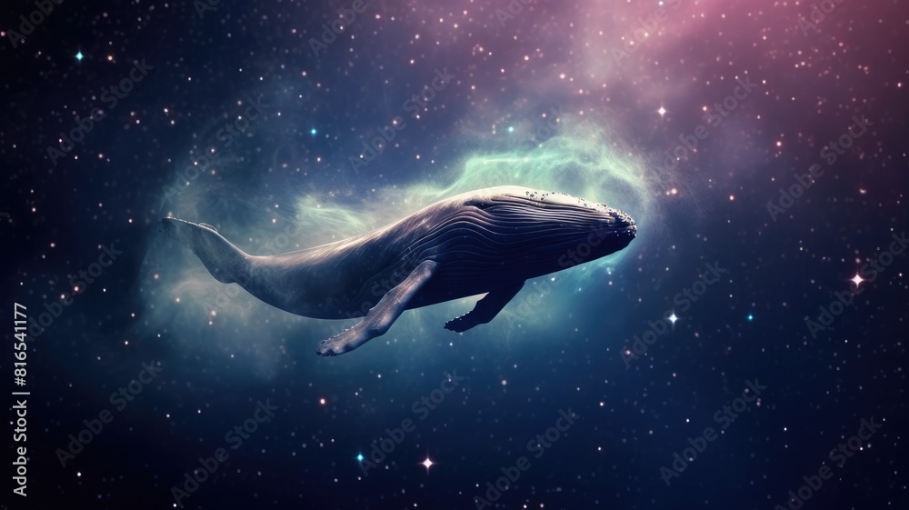 Surreal art design of a whale floating in space with a cosmic ...