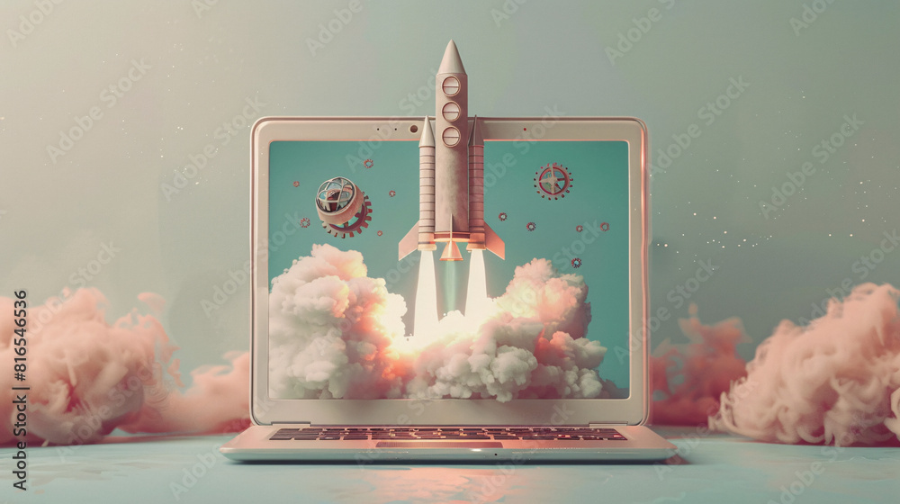 Against a soft pastel background, a laptop screen showcases the launch ...