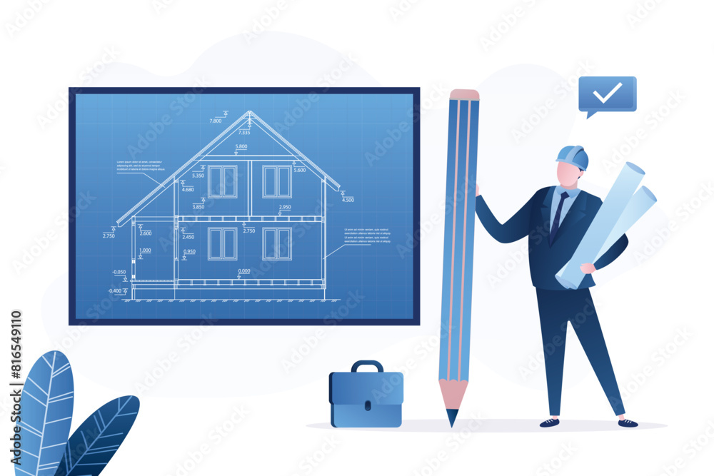 Engineer architect presenting blueprint house plan drawing. Sketch of ...