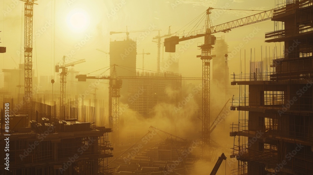 A cinematic construction site with towering cranes and bustling workers ...